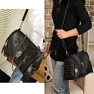 FiveloveTwo Personality Skull Women Top Handle Shoulder Bag Satchel Tote Purse Fashion Vintage Middle Bag Black