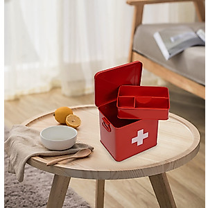 Xbopetda First Aid Kit, First Aid Medicine Supplies Bin - 2-Tier Metal Medicine Storage Tin, First Aid Box with Removable Tray for Home Emergency Tool Set-Red