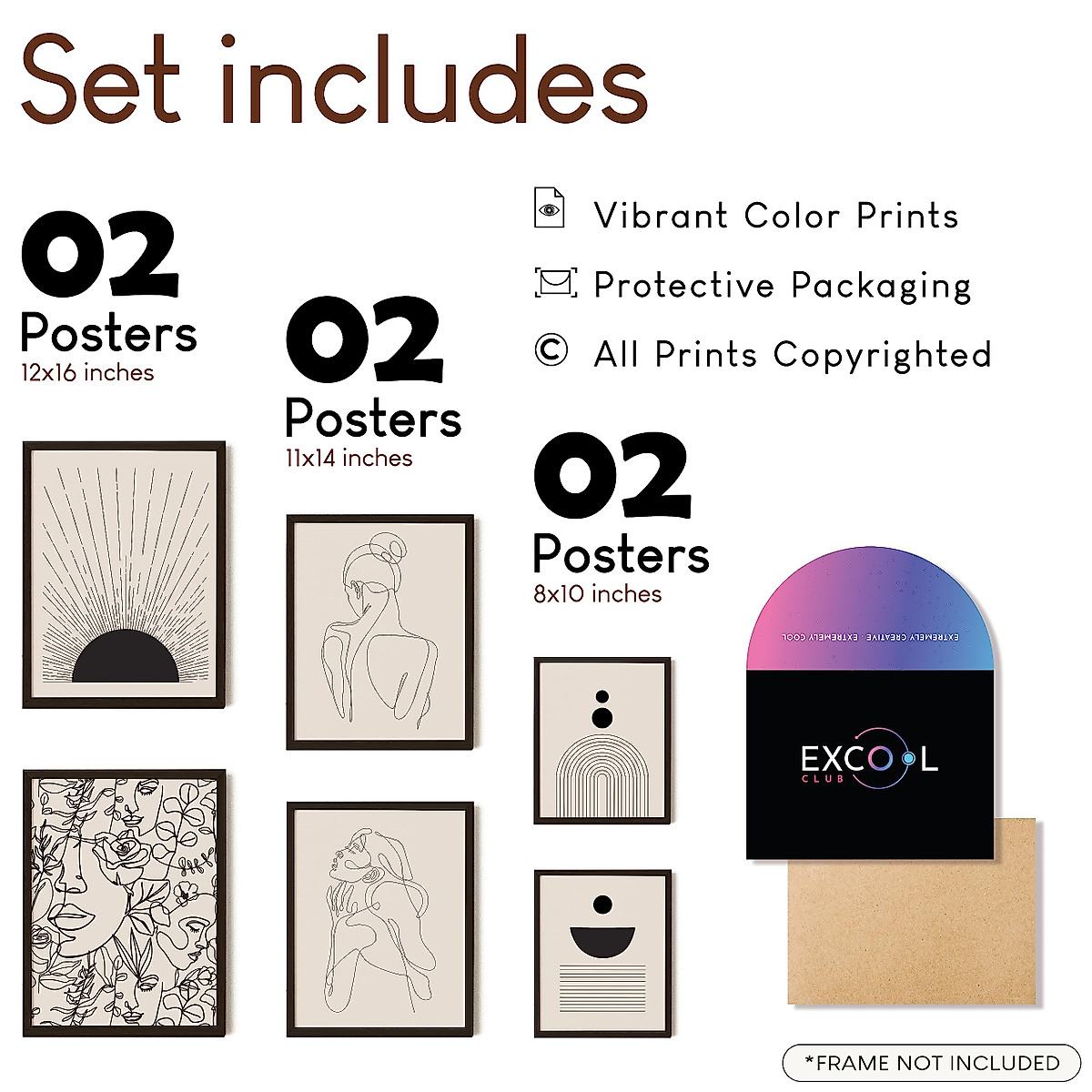 EXCOOL CLUB Black and White Abstract Wall Art for Bedroom - 12x16 Abstract Art Wall Decor, Neutral Geometric Minimalist Art Prints, Mid Century Modern Gallery Picture, Line Art Boho Posters (UNFRAMED)