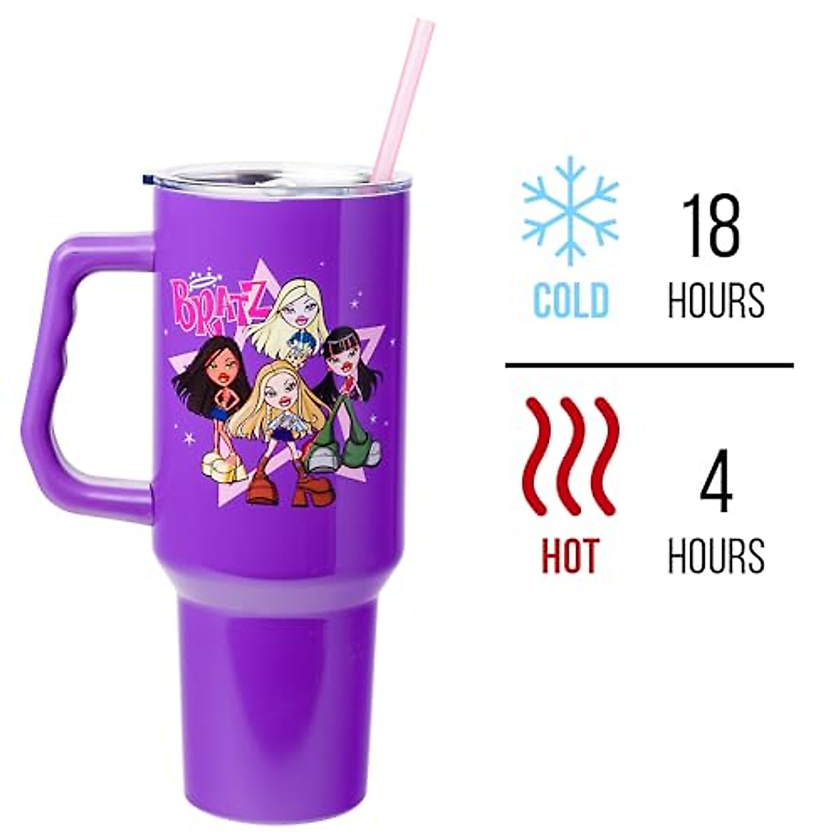 Silver Buffalo Bratz Featuring Cloe, Yasmin, Jade, and Sasha Stainless Steel Tumbler with Handle and Straw, Fits in Standard Cup Holder, 40 Ounces