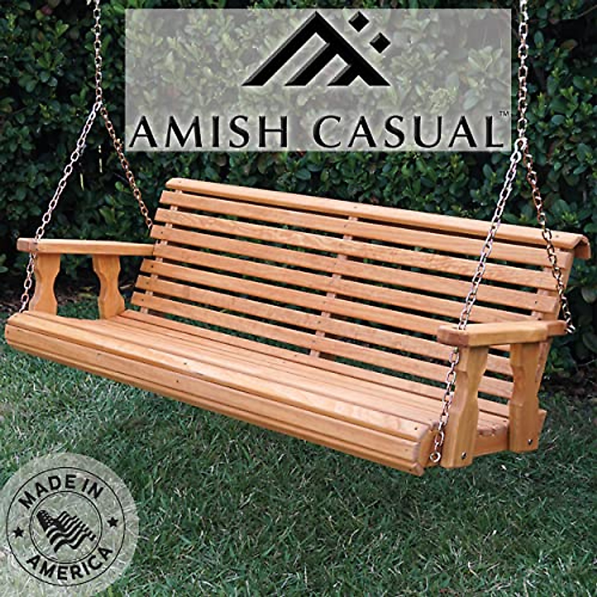 Amish Casual Heavy Duty 800 Lb Roll Back Treated Porch Swing with Hanging Chains (5 Foot, Cedar Stain)