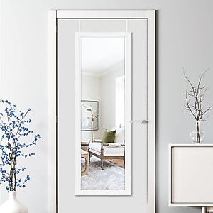 PexFix Door Mirror Full Length 51"x18" Over The Door Rectangle Sleek White Frame Space Saving Floor Mirror Dressing Hanging Wall Mounted Mirror (US-MHJ002-WH+USAM019)