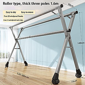 AKDXM Portable Drying Rack Foldable Bold Stainless Steel Hanger Adjustable Large-Capacity Metal Hanger Windproof Hook Suitable Indoor Outdoor Simple Clothes Poles,120 to 160x75x1400cm
