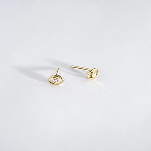 Diamond Evil Eye Stud Earrings | 14k Yellow Gold Hamsa Stud Earrings for Women | 14k Solid Gold Open Eye Stud Earrings | Dainty Protection Jewelry | Gift for Birthday
