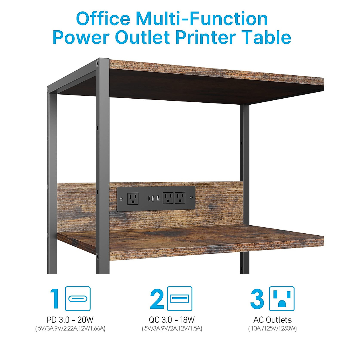CCCEI Black Computer Tower and Printer Stand with Charging Station, 3 Outlets and Fast Charging USB Ports, 3 Tier Movable Storage Shelf, Tall PC Case or Scanner Table 39 Inches High for Small Office.