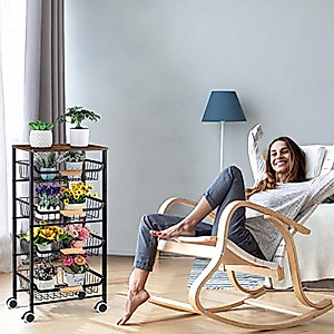 Kitchen Storage Rolling Cart, Kitchen Cart with Lockable Wheels, 5 Tier Metal Wire Basket Shelf Rolling Storage Cart with Wooden Handle, Wood Cover Top Kitchen Island Cart for Home, Office