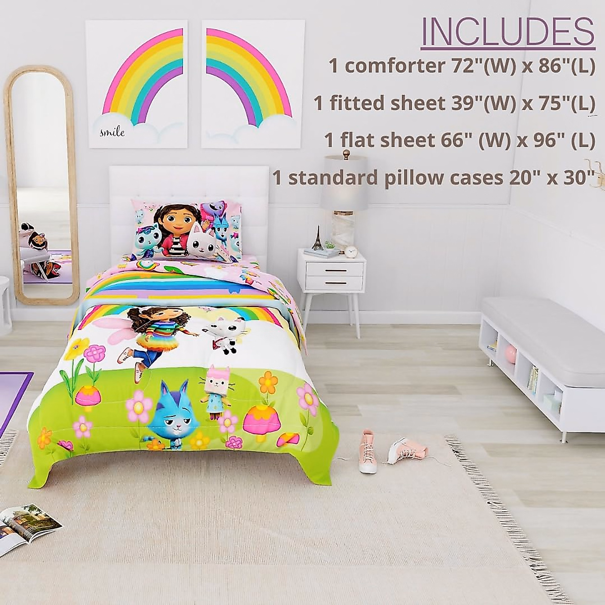 Franco DreamWorks Gabby's Dollhouse Cakey, Mercat and Pandy Kids Bedding Super Soft Comforter and Sheet Set, 4 Piece Twin Size, (Official Licensed Product)