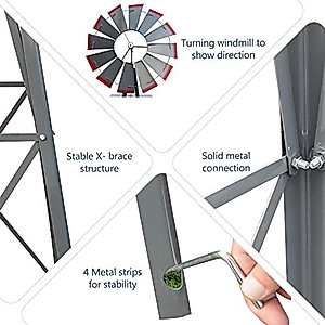 HAHASOLE 8ft Garden Windmill, Heavy Duty Durable Metal Weather Vane for Backyard, Ornamental Windmill for Yard Weather Resistant (Gray, 8FT)