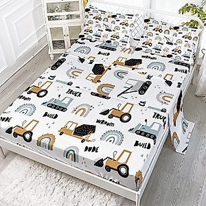 BailiPromise Cartoon Excavator Sheet Set for Kids Boys Teens Truck Construction Bedding Set Full Size Rainbow Construction Vehicle Bed Sheets Under Construction Fitted Sheet & Flat Sheet 4 Piece