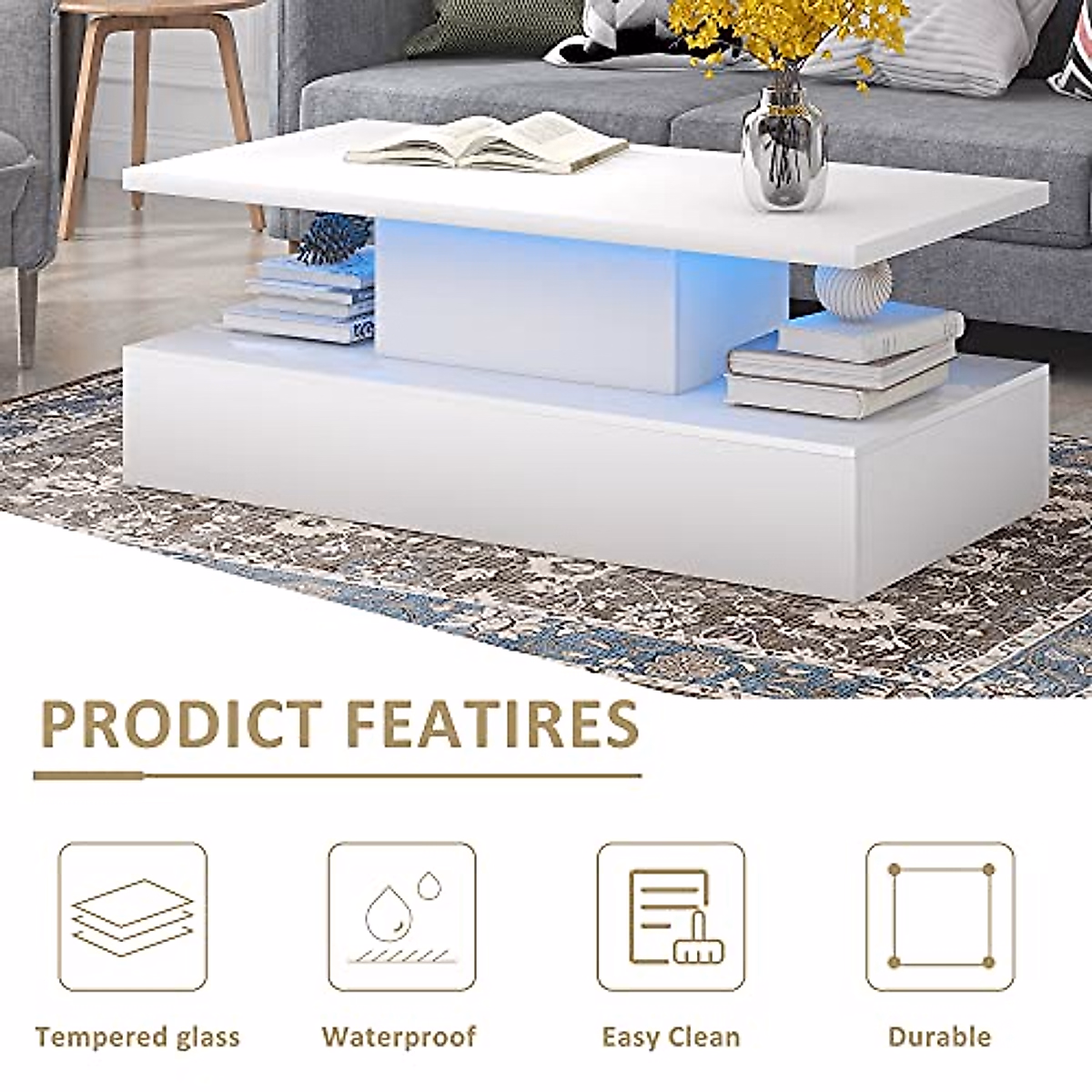 Merax 47.2'' 2-Tier LED Light White Coffee Table, Modern Industrial Design Cocktail Table with 16-Color LED Lighting and a Remote Control for Livingroom