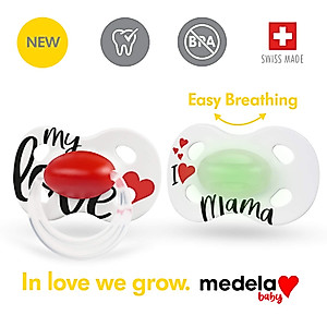 Medela Baby Pacifier | Day and Night Glow in The Dark | 6-18 Months | 2-Pack, Lightweight | BPA-Free | Supports Natural Suckling | My Love and I Love Mama