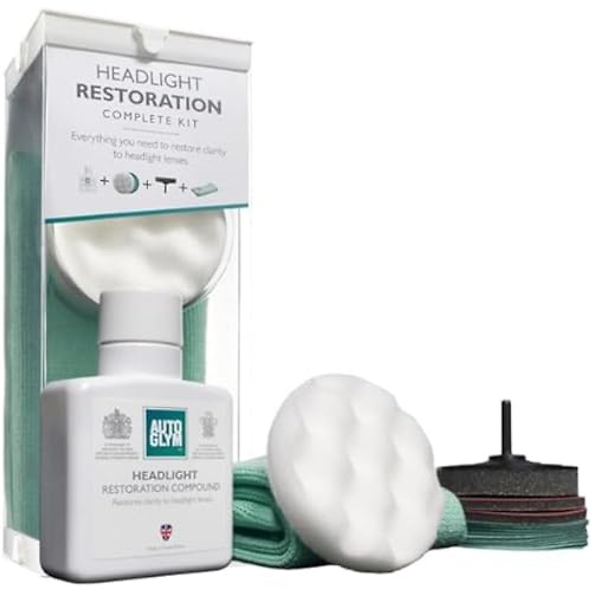Autoglym Headlight Restoration Complete Kit, Quickly Restore Cloudy And Discoloured Headlights, Designed For Use With An Electric Drill, Includes Sanding Discs, Restoring Compound And Microfibre Cloth