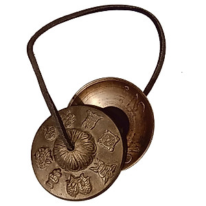 Purpledip Brass Tingsha Bell Holy Symbols: Buddhist Tibetan Handheld Cymbals Chimes Manjeere Musical Instrument For Prayer Meditation, 3 Inches (10679)