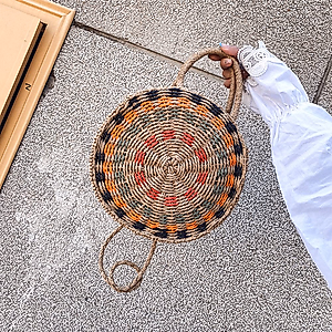 QTKJ Hand-woven Boho Women Straw Summer Beach Bag, Colorful Round Rattan Bag Cross Body Bag Shoulder Messenger Satchel (Khaki)