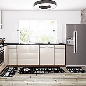 3 Pcs Kitchen Rug Set Non Skid Thick Black Kitchen Rugs and Mats Stain Resistant Anti Fatigue Mats for Kitchen Microfiber Floor Non Slip Backing Mat, 15.7" x 47.2", 15.7" x 23.6" (Kitchen Style)