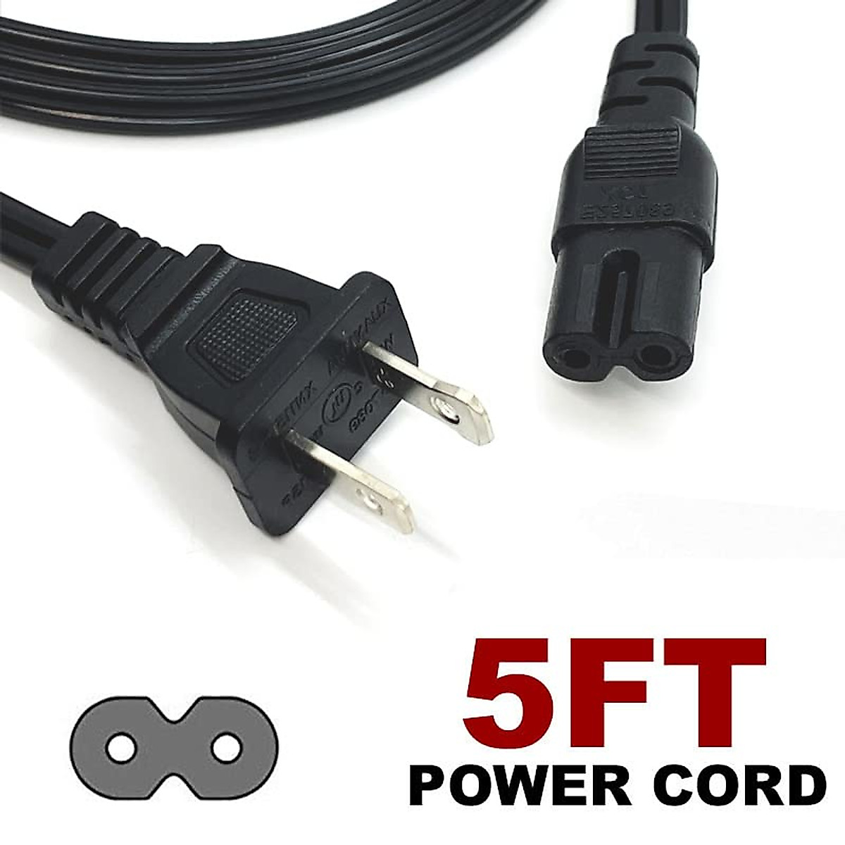 Wise Home Products UL 5ft TV Power Cord for AC 2 Prong Wall Plug (NEMA 1-15P to IEC C7) LCD LED 2-Slot Electronics Cable PS4 PS5 Speaker Monitor Xbox Wall Power Cable Replacement Black