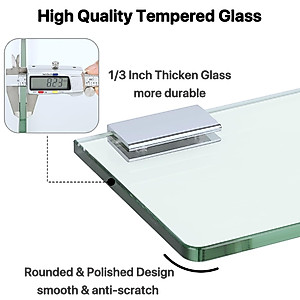 SAYAYO Glass Shelf for Bathroom, 1/3 Inch Thicken Tempered Floating Glass Shelves 24 Inch with Stainless Steel Brackets, 1 Pack, Clear