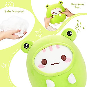 AIXINI Cute Cat Frog Plush Pillow 8" Kitten Frog Stuffed Animal, Soft Kawaii Cat Plushie with Frog Outfit Costume Gift for Kids