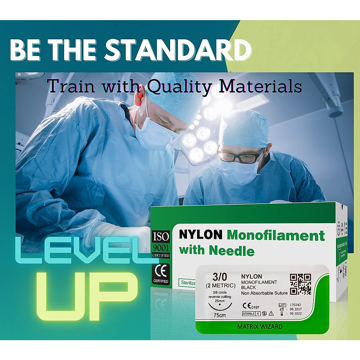 3-0 Sterile Sutures Thread with Needle (Black Monofilament) - Medical and Nursing Student's Surgical Practice Suture Kit, Training with Stitching Pad, First Aid Field Emergency Demo, Vet Use