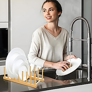 SAMEBUTECO Bamboo Wooden Dish Racks Plate Stand Holder Kitchen Cabinet Organizer 8 Slots Dish, Pots, Lids, Bowls, Cups, and Cutting Boards and Books Vertical Drainer