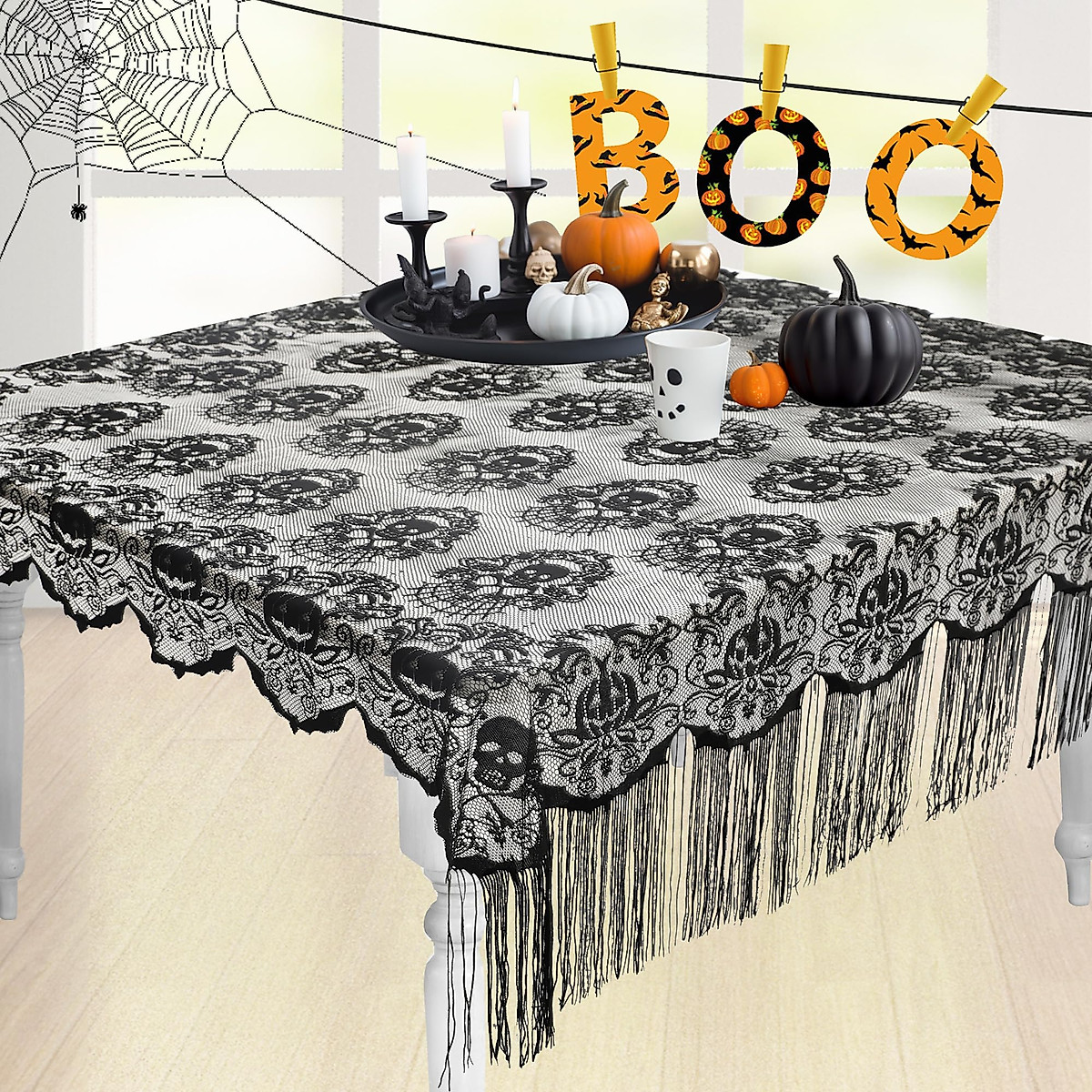 OWENIE Halloween Tablecloth, Skull Lace Fabric Tablecloths with Tassel, Black Pumpkin Table Cloths Table Cover for Rectangle Tables for Parties Gothic Halloween Home Decorations, 52x52 Inch