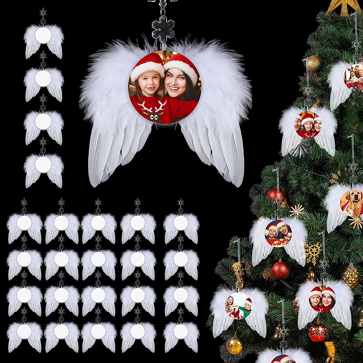Huwena Christmas White Angel Wings Ornament Angel Feather Wings with Round Sublimation Blank Pendants Hanging Acrylic Snowflake Crystal Ornaments for Christmas Tree DIY Crafts Party Decor (72 Pcs)