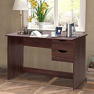 FurnitureR Home Office Computer Desk with 2 Drawers, Wooden Study Writing Table Teen Student Desk Workstation with Footrest for Bedroom Small Spaces Apartment Dorm, Walnut Brown