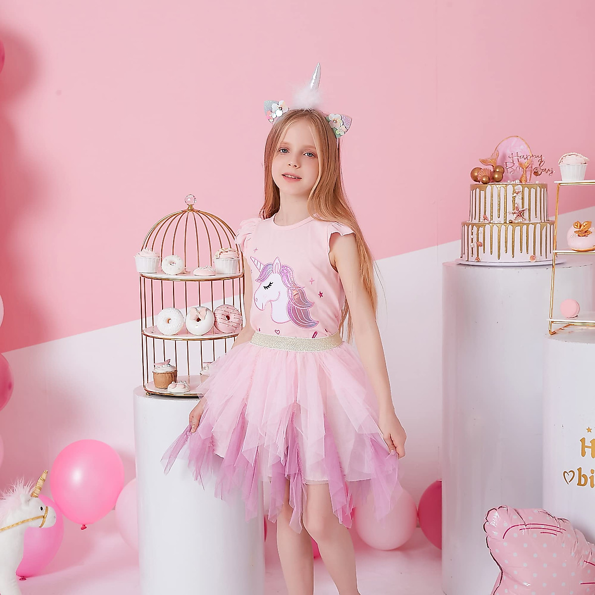 DXTON Kids Baby Girls Tutu Toddler Rainbow Flower Tulle Skirt SK215 3T