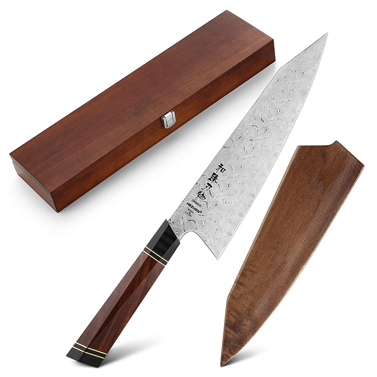 HEZHEN- 8.5" Chef Knife, 110 Layers Full Damascus Steel ,Japanese Style Kiritsuke Kitchen Knife, Gyuto Octagonal Handle, Magnetic Wooden Sheath Case Wooden Box