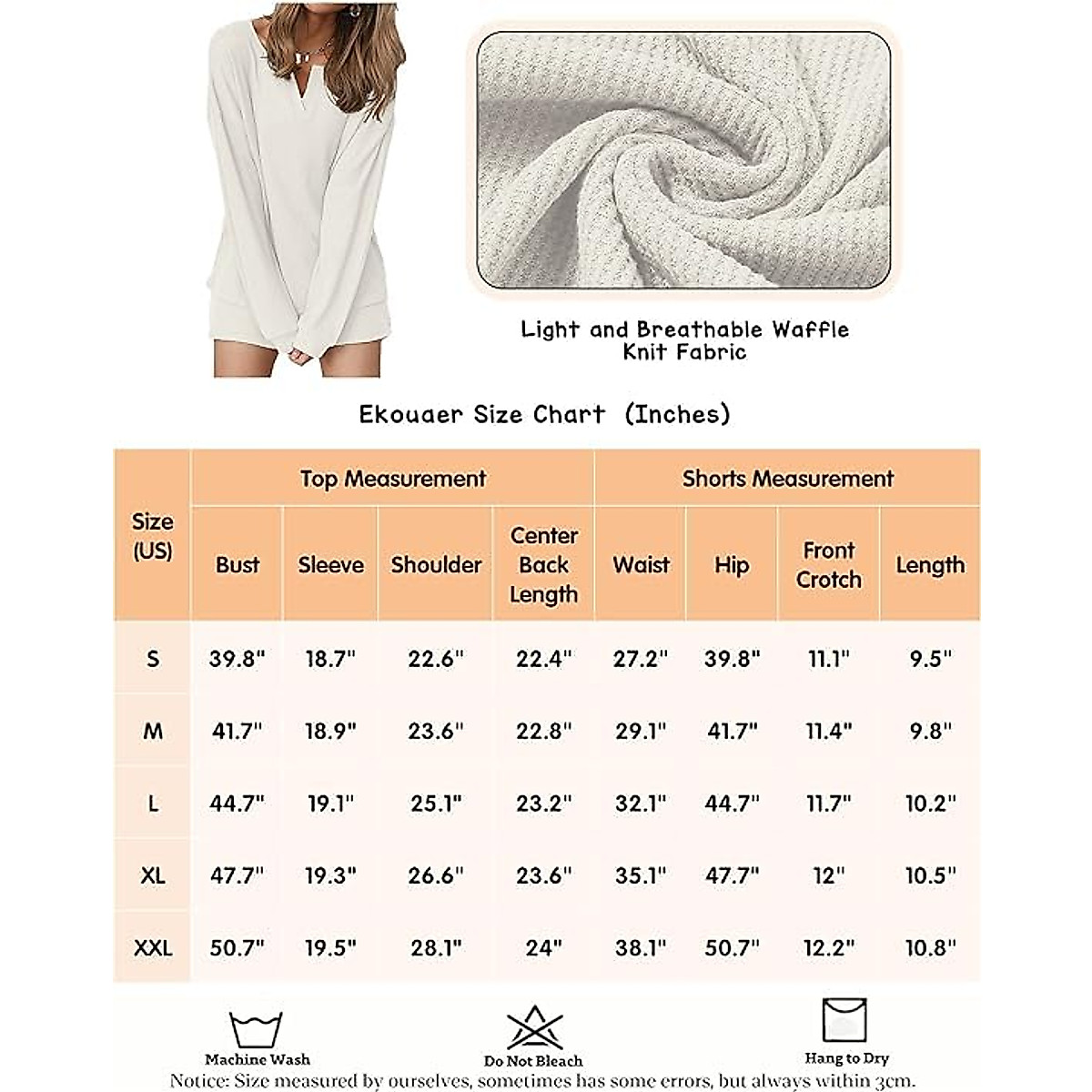 Ekouaer Lounge Sets for Women Waffle Knit Pajama Set Long Sleeve Top and Shorts Matching Loungewear S-XXL Rose