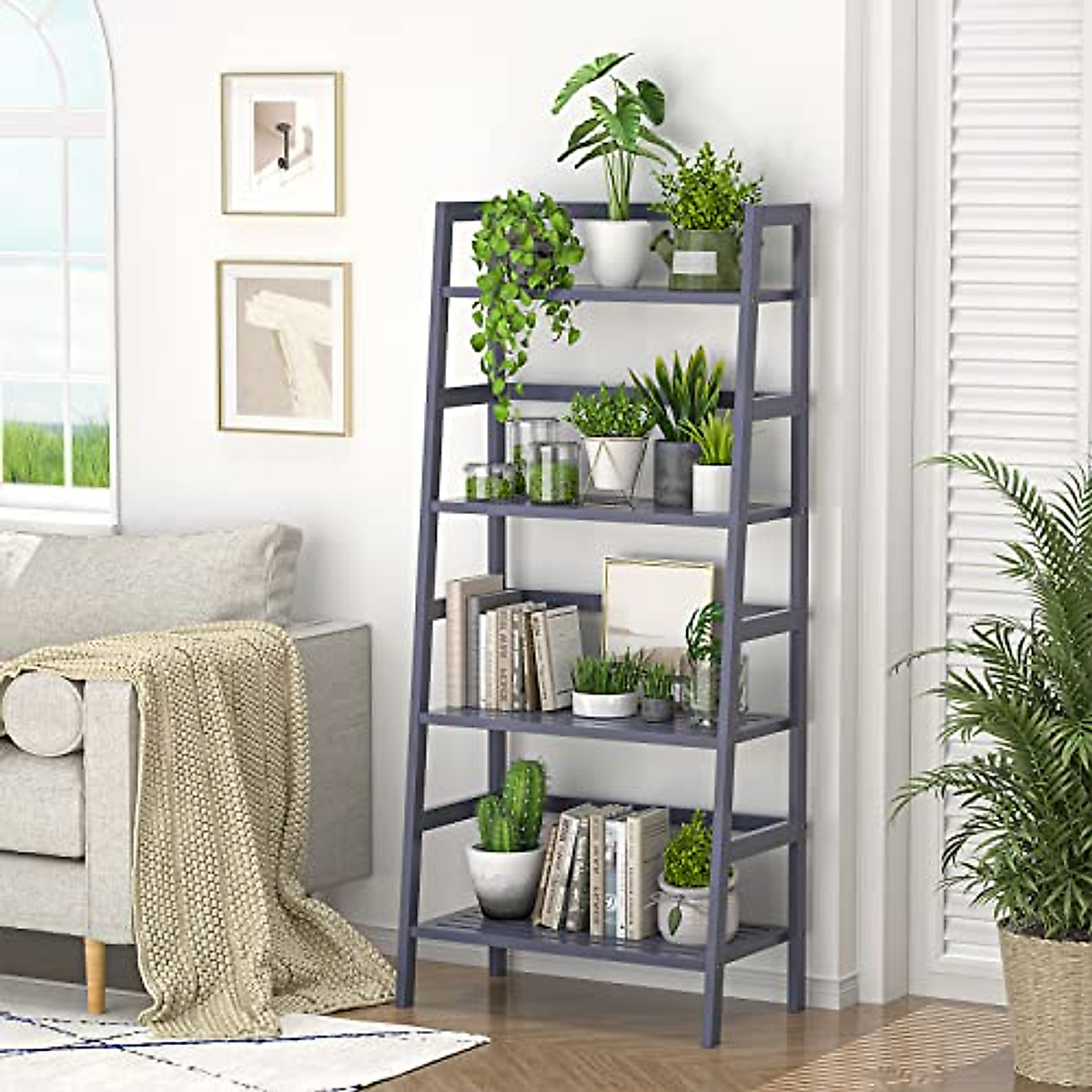 Homykic Ladder Bookshelf, 4-Tier Bamboo Shelf 49.2” Open Bookcase Freestanding Bathroom Storage Rack Plant Stand for Living Room, Bedroom, Office, Easy Assembly, Blue Grey