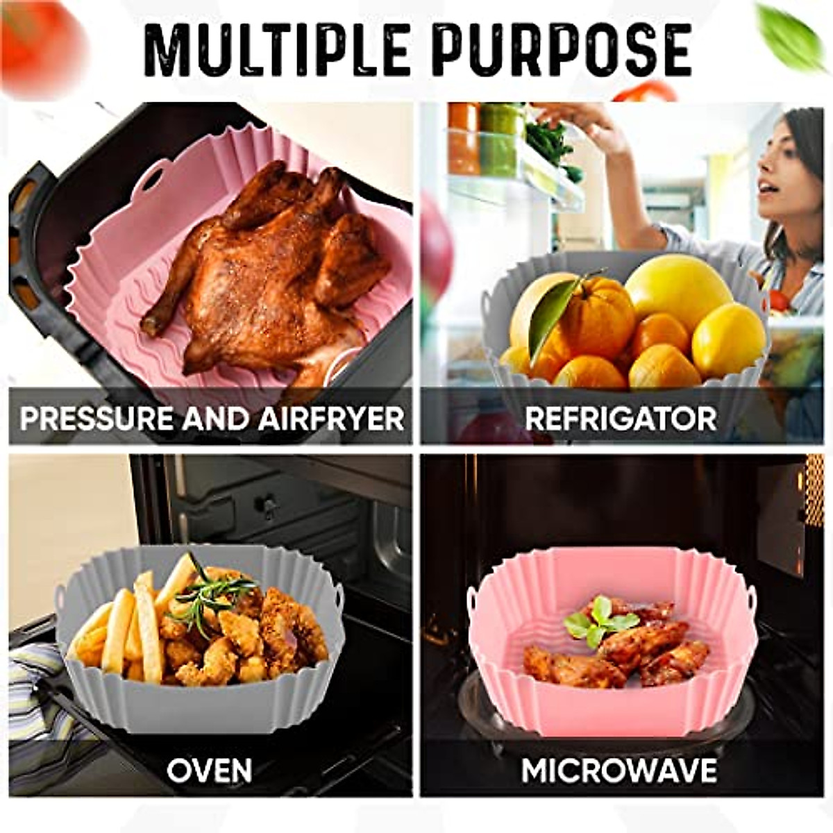 BW 2-Pack Square Silicone Air Fryer Liners 8 Inch For (4 to 7 QT) Reusable AirFryer Pot Air Fryer Inserts For Oven Microwave Accessories (Grey+Pink) + (2 Anti Heat Gloves)