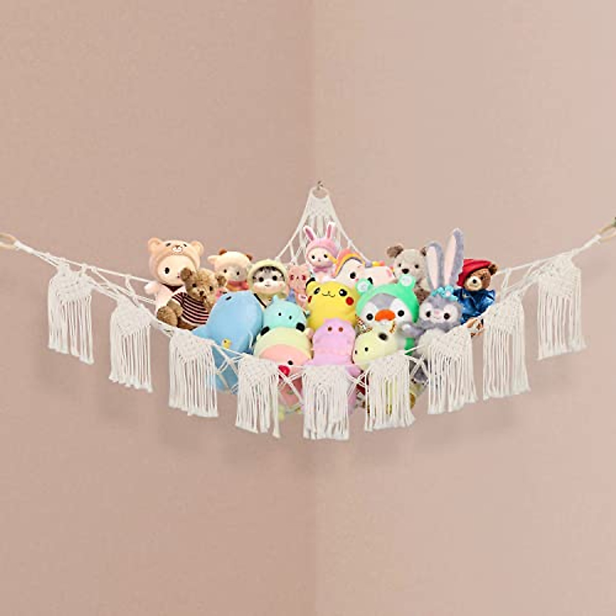 Zeesa Stuffed Animal Net or Hammock, Boho Hanging Net Storage with Macrame, Corner Toy Net Holder for Plush Toys Display, Beige