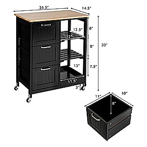 GOFLAME Kitchen Island Cart on Wheels with Storage, Versatile Rolling Cart with Wood Countertop, 3 Drawers, Removable Tray & Lockable Casters, Mobile Serving Trolley for Kitchen, Dining Room, Black