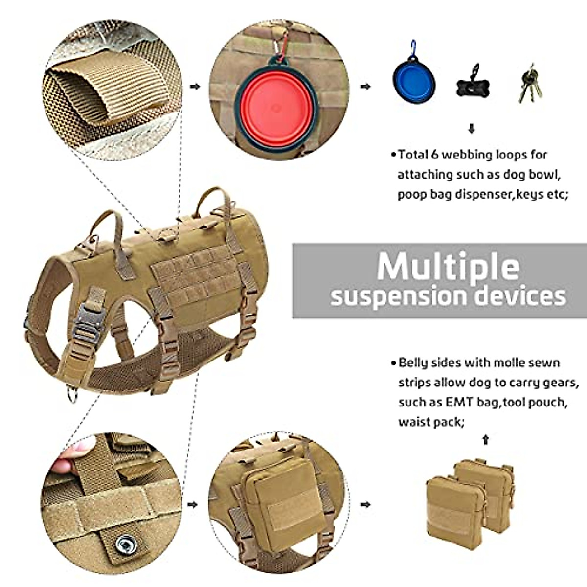 Forestpaw Tactical Dog Vest Harness and Easy Control Training Dog Collar with Bungee Dog Leash Set No Pull Military Dog Harness with Backpack for Medium Large Dogs-Coyote Brown L