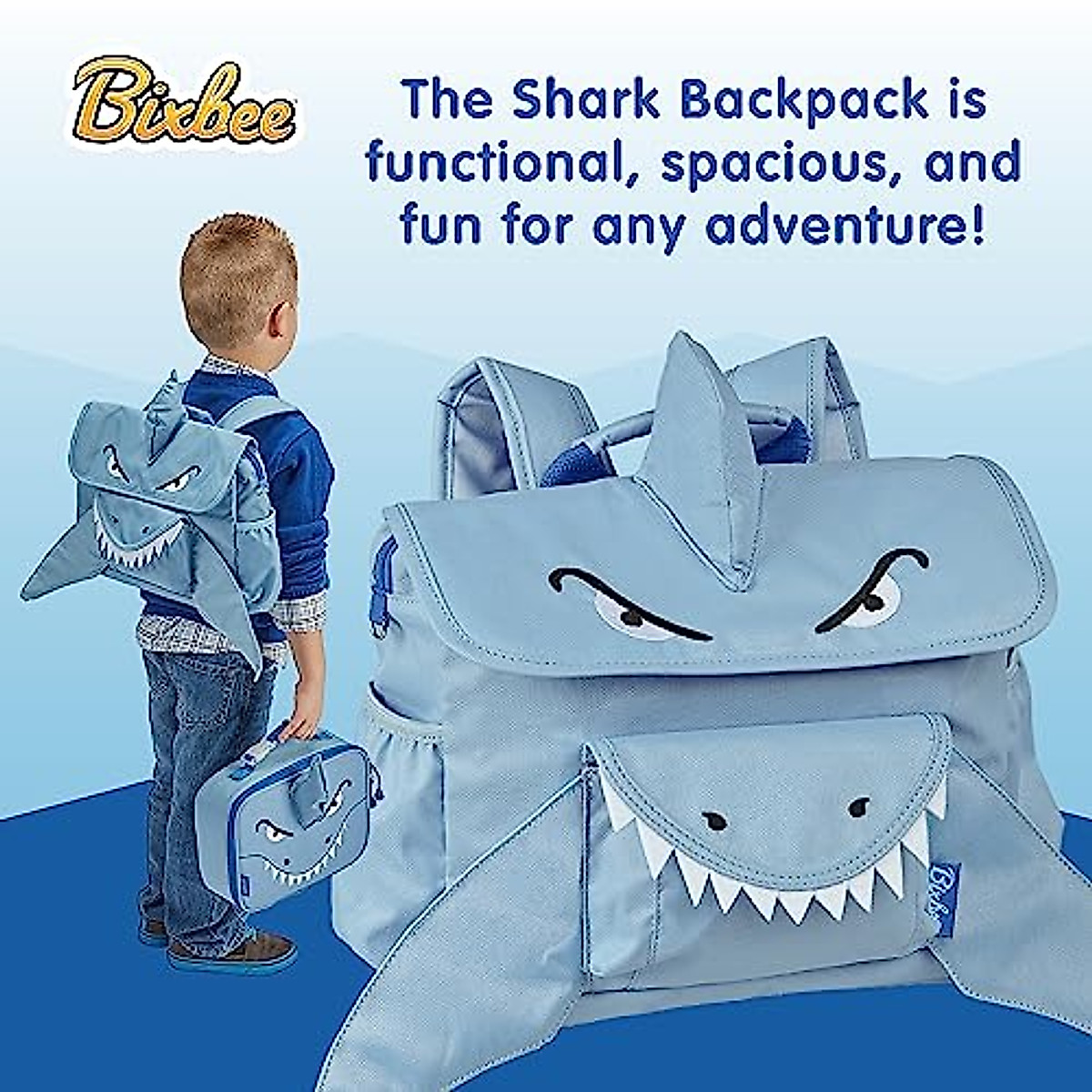 Bixbee Kids Backpack, Blue Shark Backpack for Boys & Girls, Water Resistant Backpack with Pockets, Durable Zippers & Easy Carry Design - Perfect Size Children's Bookbag for School.