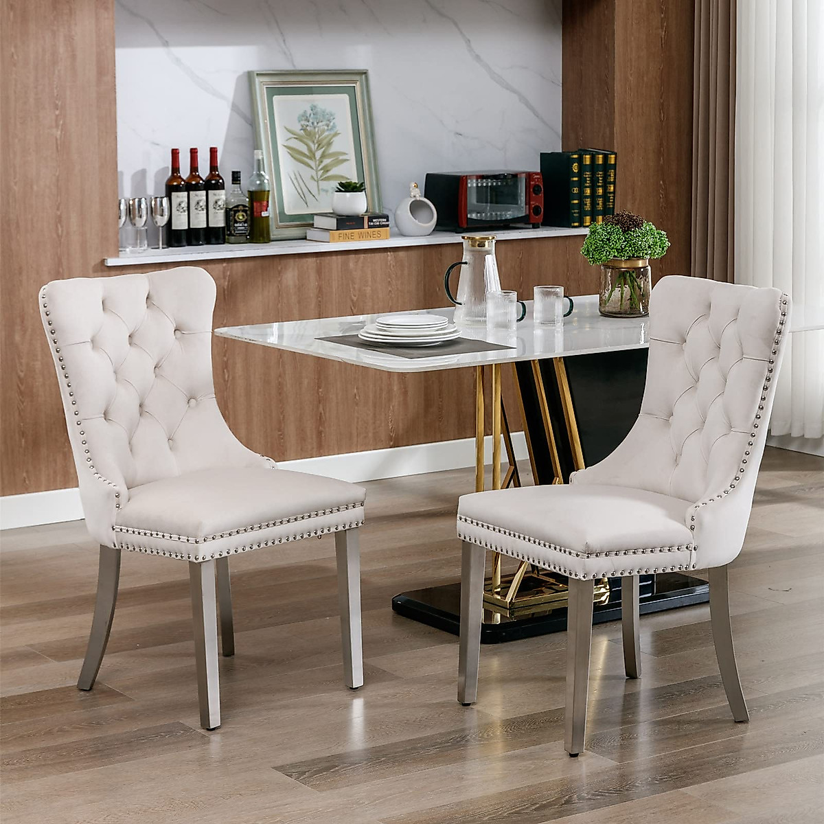 i-POOK Velvet Upholstered Dining Chairs Set of 2, Wingback Dining Room Chairs with Ring Pull, Nailhead Trim and Tufted Button Back, Luxury Dining Chairs for Living Room Kitchen, Beige