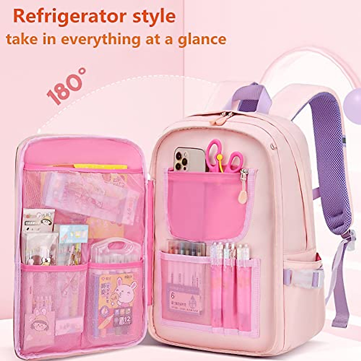 MOONASE Kawaii Bunny Backpack For Girls Bookbag Cute School Bag With Kawaii Pin Bunny Backpack (Purple, Large)