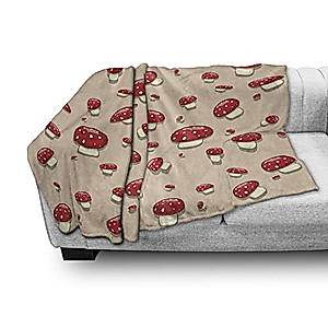 Ambesonne Mushroom Throw Blanket, Woodland Themed Illustration of Spotted Toadstool Summer Season Forest Cartoon, Flannel Fleece Accent Piece Soft Couch Cover for Adults, 50" x 60", Ivory Red Tan