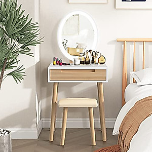 YOURLITE Makeup Vanity Table Set with 3 Modes Adjustable Lighted Mirror Cushioned Stool, Dressing Table for Small Space