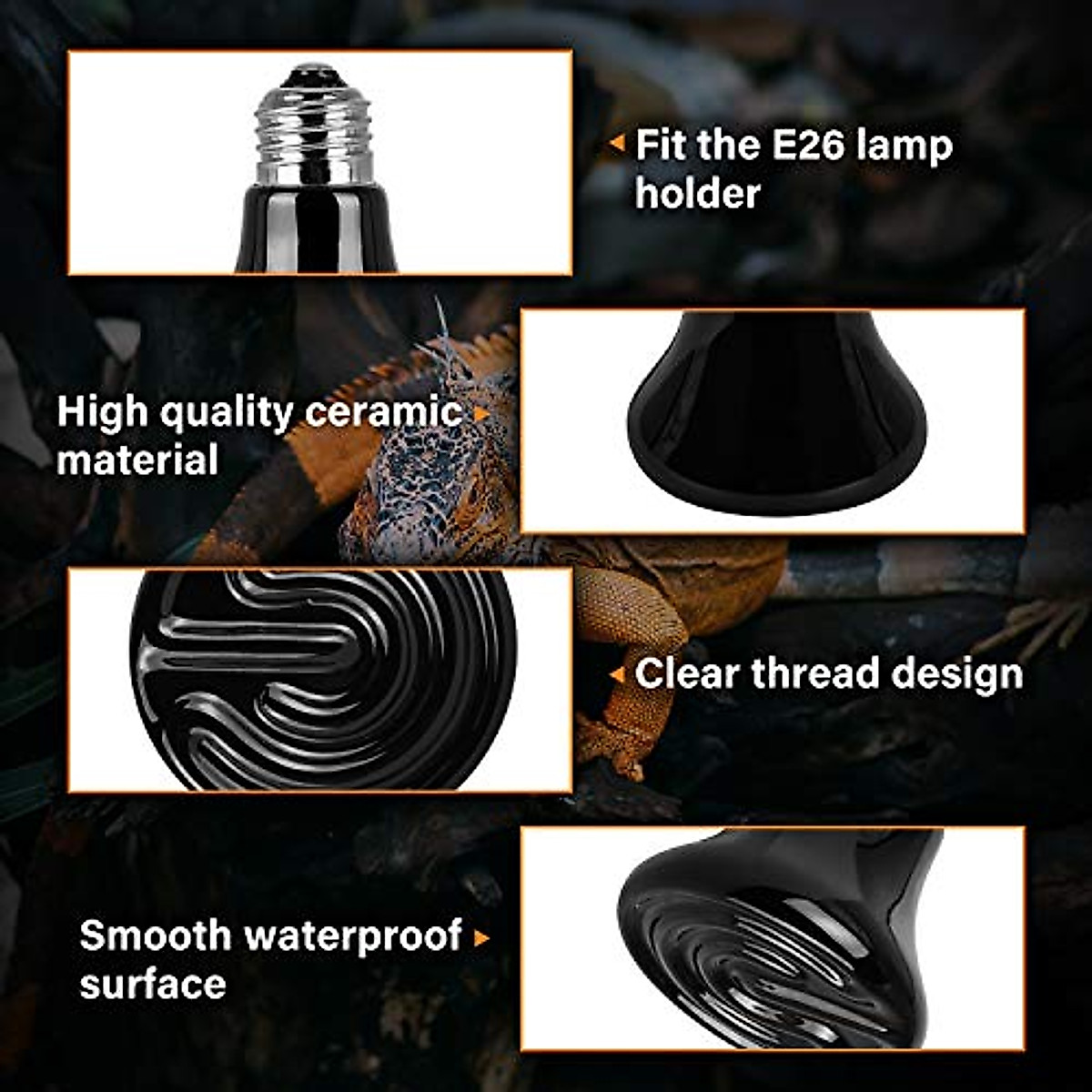 Simple Deluxe 50W 1-Pack Mini Ceramic Heat Emitter Reptile Heat Lamp Bulb No Light Emitting Brooder Coop Heater for Amphibian Pet & Incubating Chicken, Black