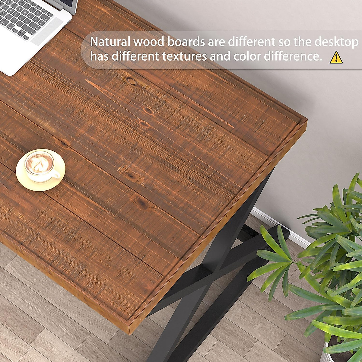 IBF Solid Wood Desk, 60” Rustic Real Wood Home Office Work Desk, Industrial Natural Wood Writing Study Desk, Metal Wooden Desk Executive Workstation Computer Table in Bedroom Living Room, Brown, 60 in