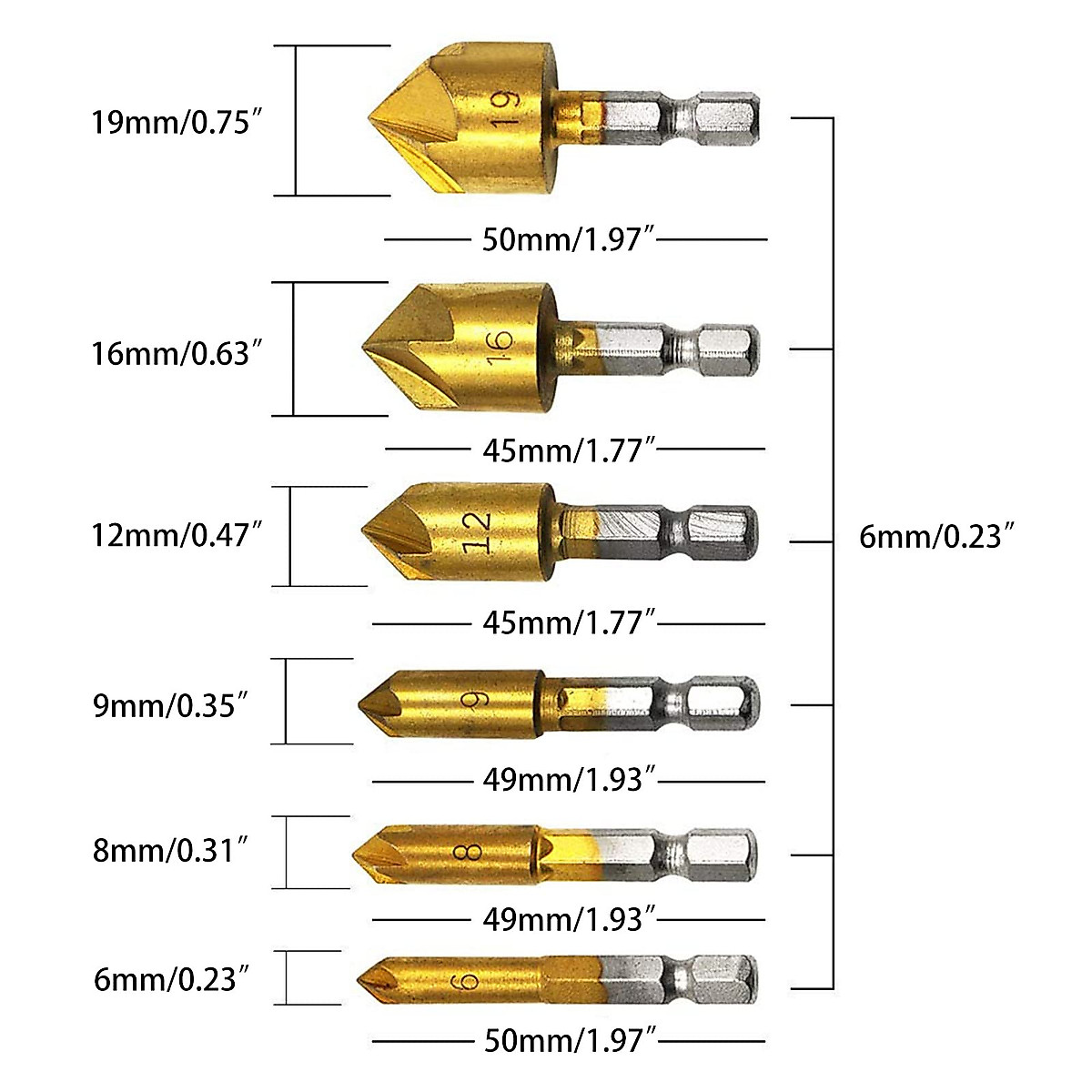 HTWORGRE Countersink Drill Bit, Baban Countersink Drill Bit Set 6 Pcs 1/4'' Hex Shank HSS 5 Flute Countersink 90 Degree Center Punch Tool Sets for Wood Quick Change Bit 6mm-19mm