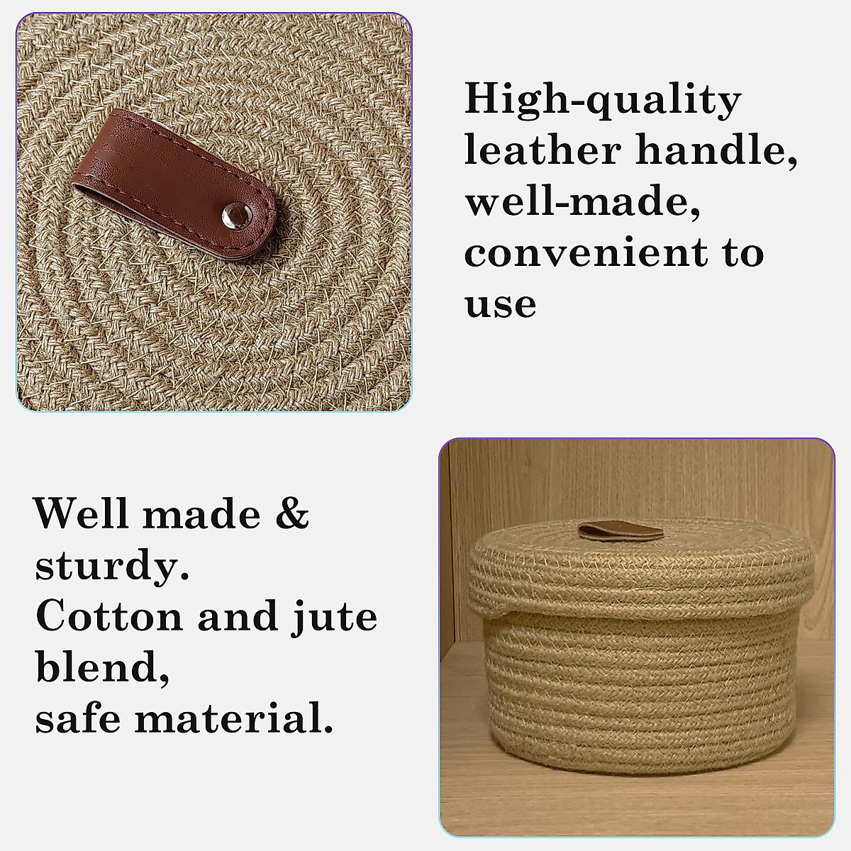 Aplolemo Jute Rope Basket with Lid,Decorative Woven Baskets with Lids,Leather Design Lidded Round Basket,Small Basket with lid,Storage Baskets with Lids-Set of 2（10"x6"/8.5"x5"）