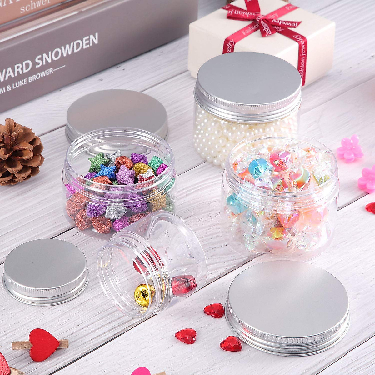 SATINIOR 12 Pack Clear Plastic Storage Favor Jars Wide-Mouth Plastic Containers with Lids for Beauty Products (4 Ounce)