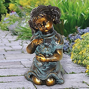 Exhart Garden Sculpture, Faux Bronze Girl and Cat Garden Statue, Outdoor Garden Decoration, 6 x 10.5 Inch