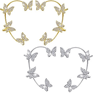 Bonuci 4 Pcs Butterfly Ear Cuff Earrings Glitter Rhinestone Butterfly Ear Cuff for Women Wrap Crawler Earrings No Piercing Butterfly Ear Clip Wrap Around Fake Earrings (Gold, Silver,Regular Style)
