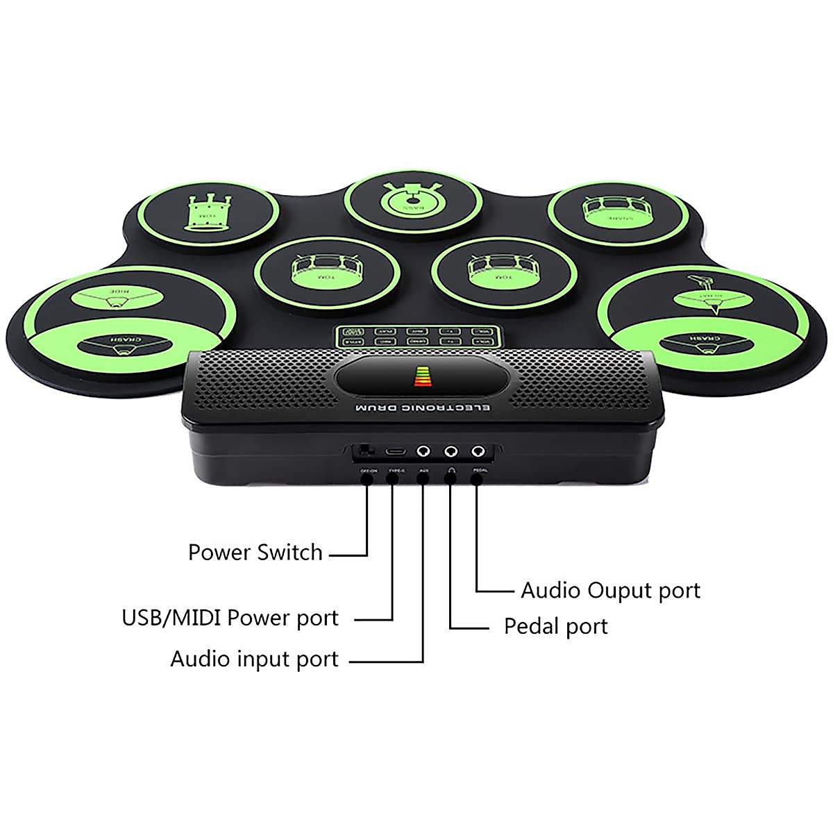 9 Pads Portable Electronic Drum Set with Built-in Speakers, Power Supply, Foot Pedals and Drumsticks, Roll Up Electric Musical Instruments