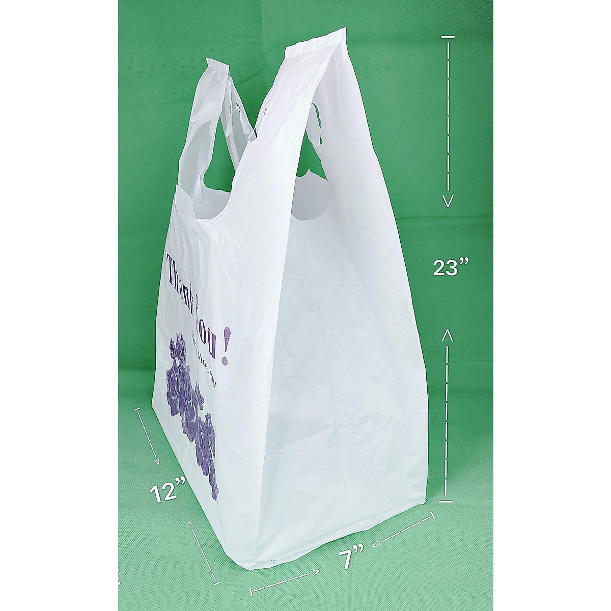 R Noble Heavy Duty 12???23???7?Purple Flower Thank You Reusable Disposable Grocery T-Shirt Plastic Bags 200 Counts 17Mic