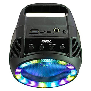 QFX BT-64 TWS Bluetooth Rechargeable Portable Speaker with 4” Woofer LED Party Lights, Microphone Input, AUX Input, USB Port, TF Card Slot, Black